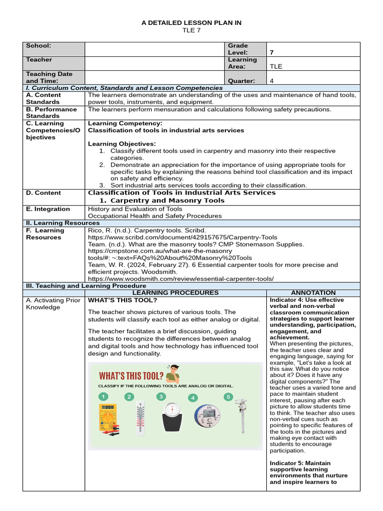 TLE 7 WEEK 4 Classification of Carpentry & Masonry Tools DLP | PDF ...
