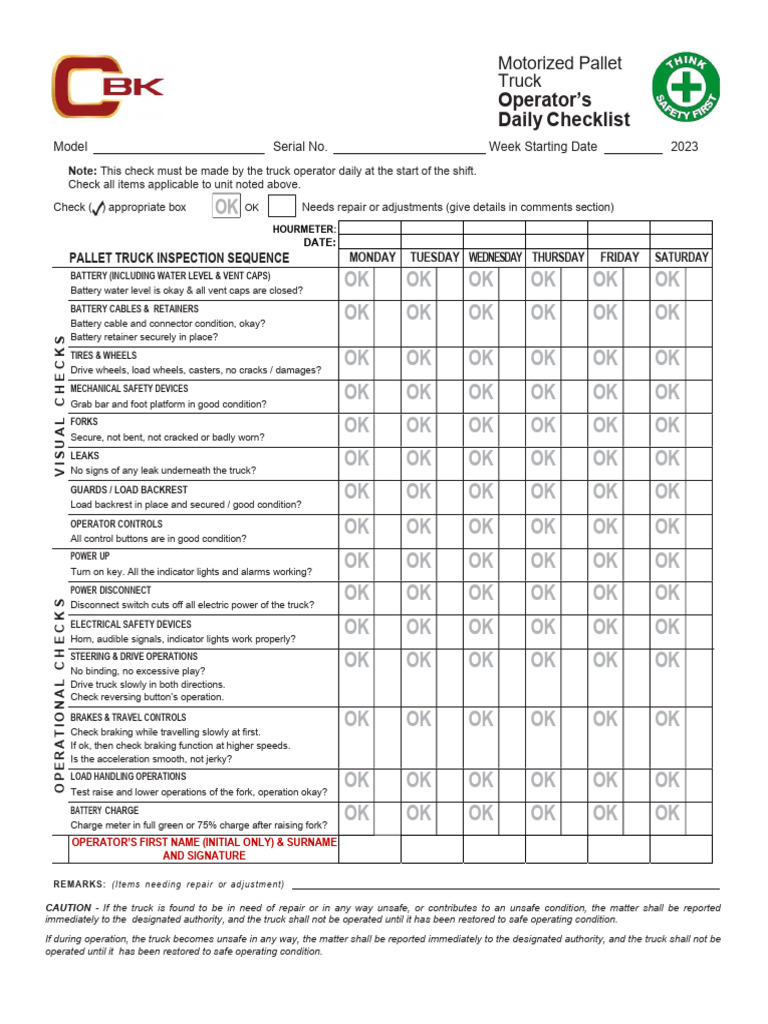 Heli Motorized Pallet Operator's Daily Checklist | PDF | Truck | Transport