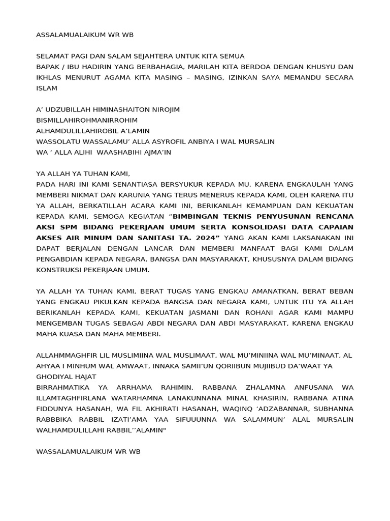 Doa Acara Bimtek Ke Puan Sanitasi 2024 | PDF