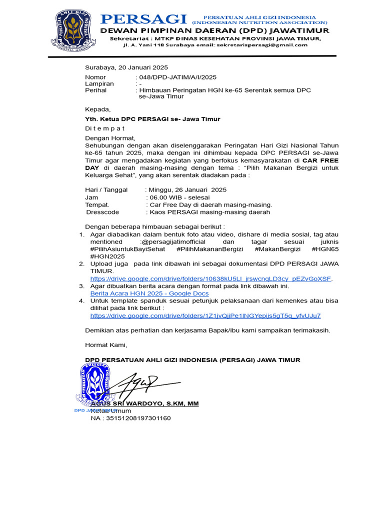 Surat Himbauan HGN Serentak DPC Se-Jatim | PDF
