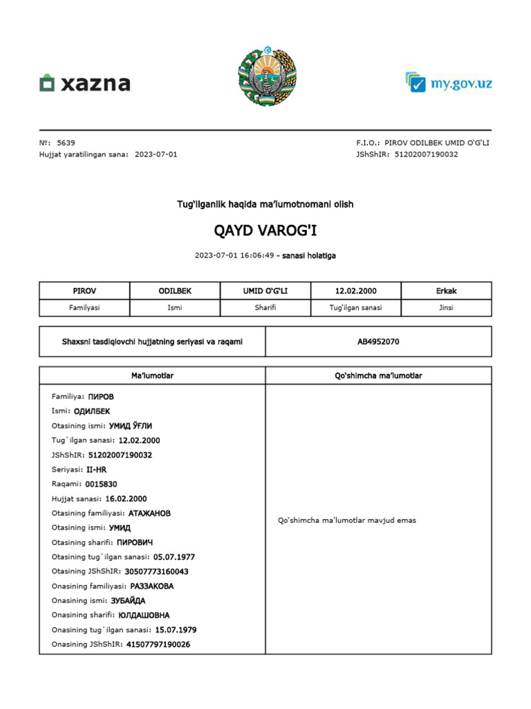 Qayd Varog'I: Tug Ilganlik Haqida Ma'lumotnomani Olish | PDF