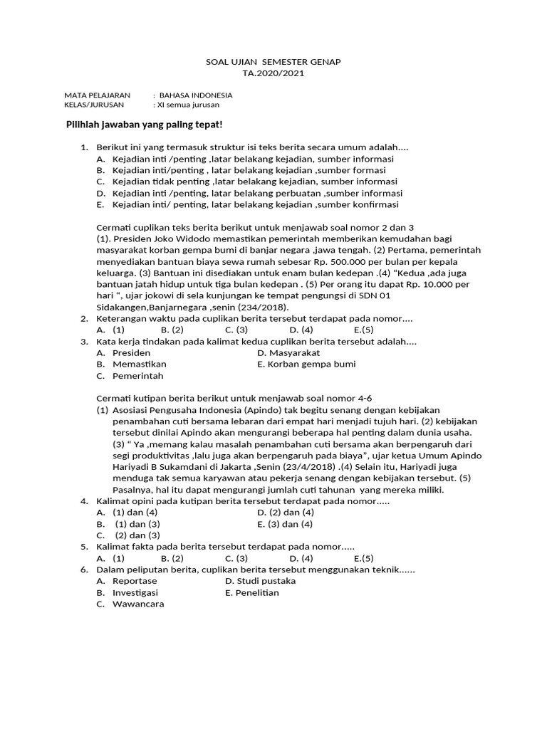 Soal Ujian Semester Genap Kelas X, Xi | PDF