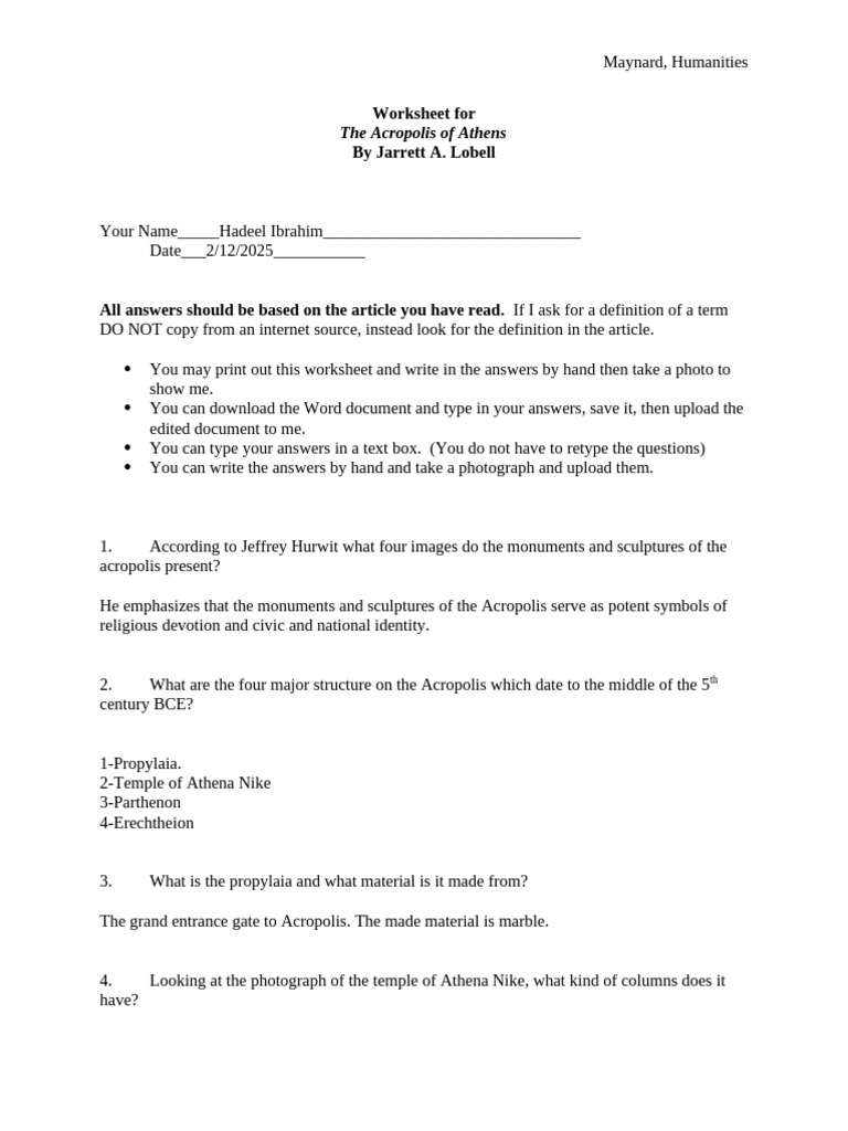 Acropolis of Athens Worksheet Guide | PDF