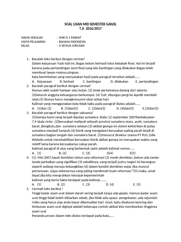 Soal Mid Kelas X Bahasa Indonesia | PDF