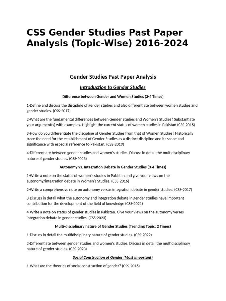 CSS Gender Studies Past Paper Analysis 2016-2024 | PDF | Gender Studies ...