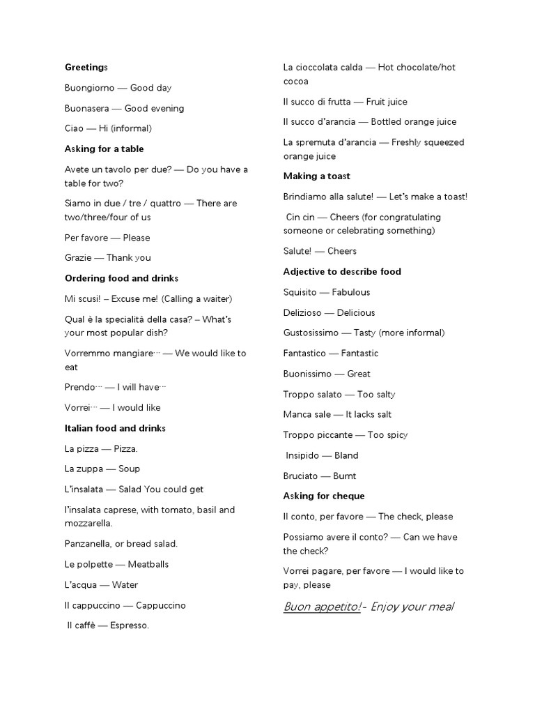 Essential Italian Dining Phrases | PDF | Foods | Cuisine