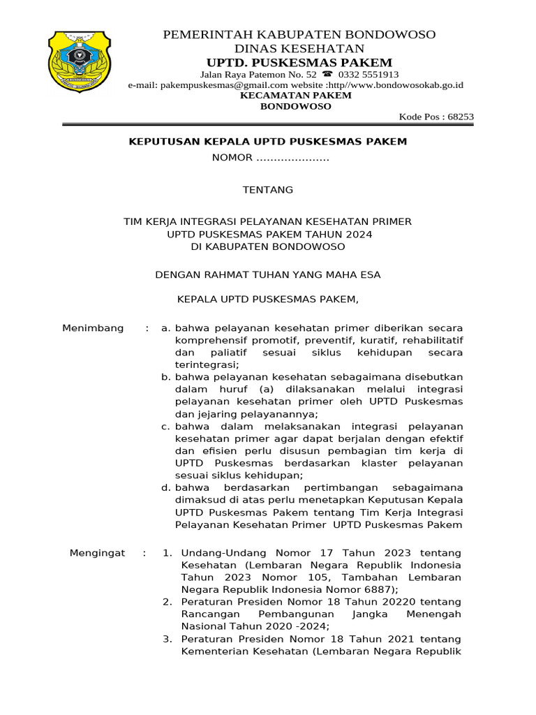 TEMPLET_ SK TIM KERJA ILP - UPTD Puskesmas | PDF