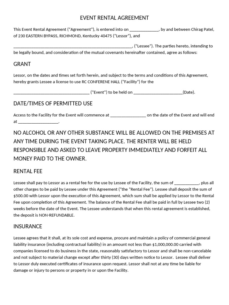 Event Rental Agreement Template | PDF | Lease | Indemnity