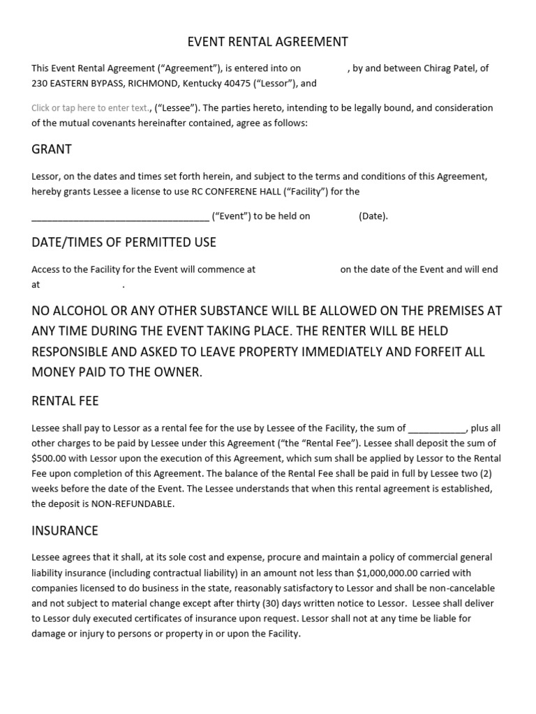 Event Rental Agreement Working | PDF | Lease | Indemnity