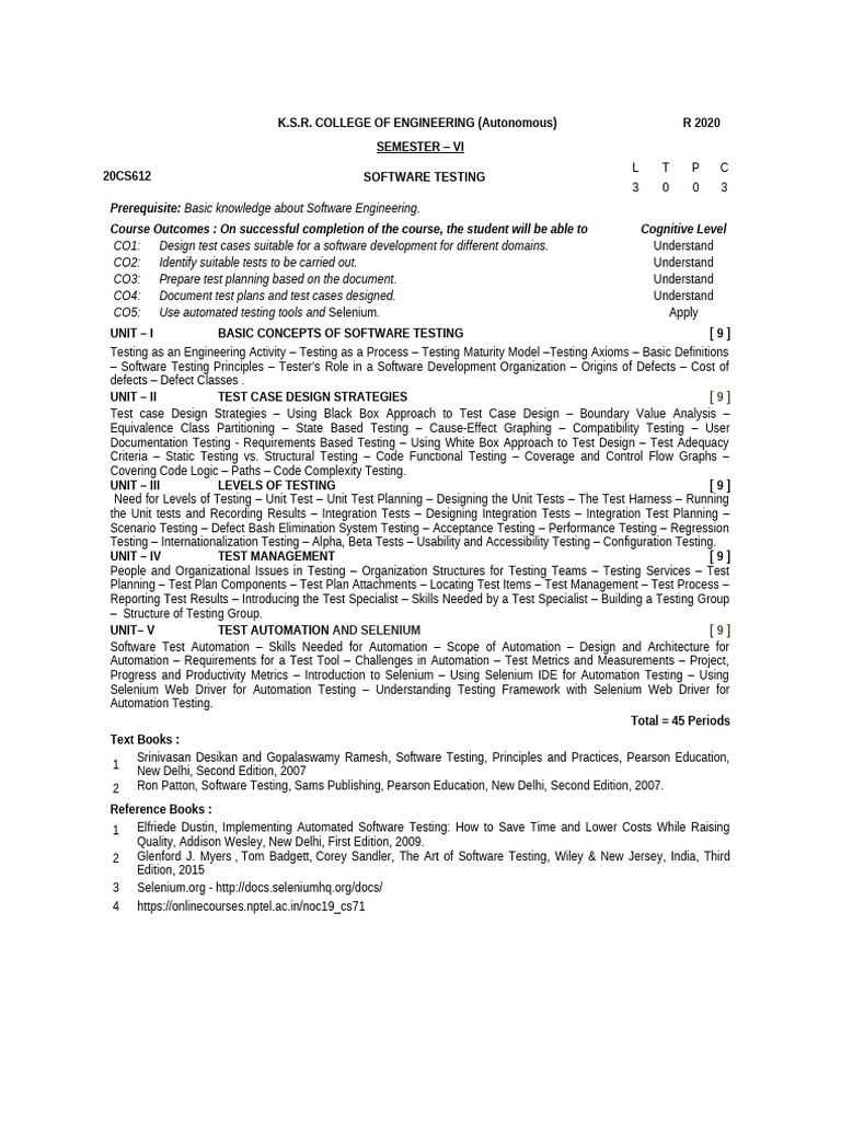 20CS612 Software Testing Syllabus | PDF | Software Testing | Systems ...
