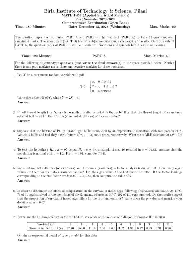 Compre MATH F432 2023 24 I | PDF | Standard Deviation | Variance