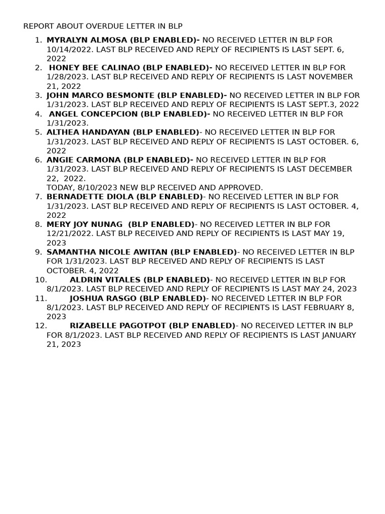 Report About Overdue Letter in BLP | PDF