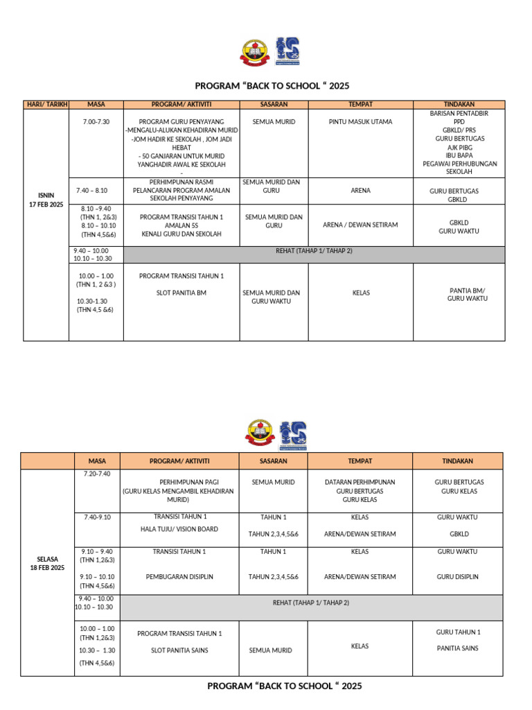 Jadual Program Back To School SKST 2025 | PDF