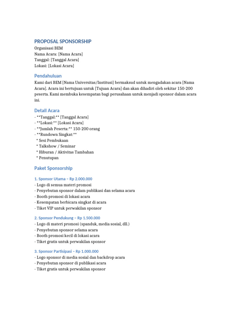 Proposal Sponsorship Acara BEM | PDF