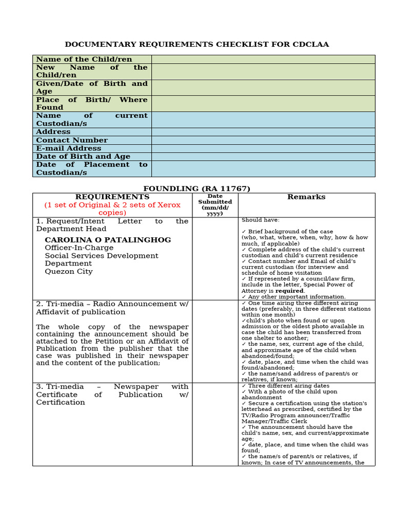 Adoption Document Checklist | PDF | Parent | Social Institutions