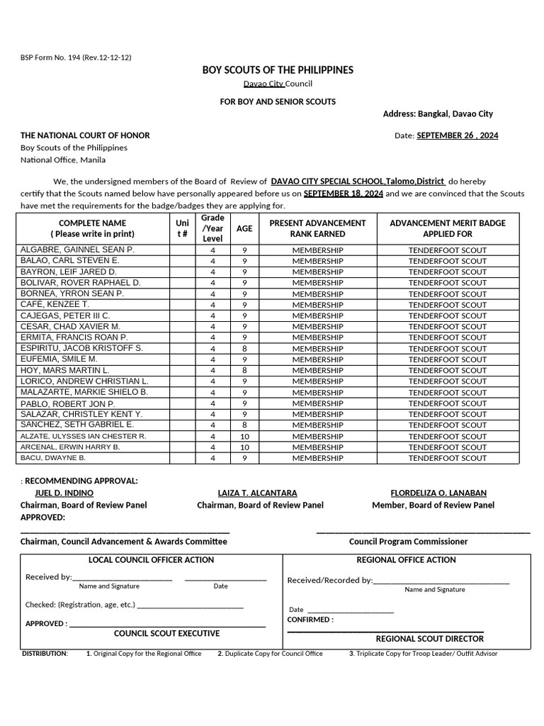 Davao City Boy Scouts Advancement Report | PDF | Patriotic And National ...