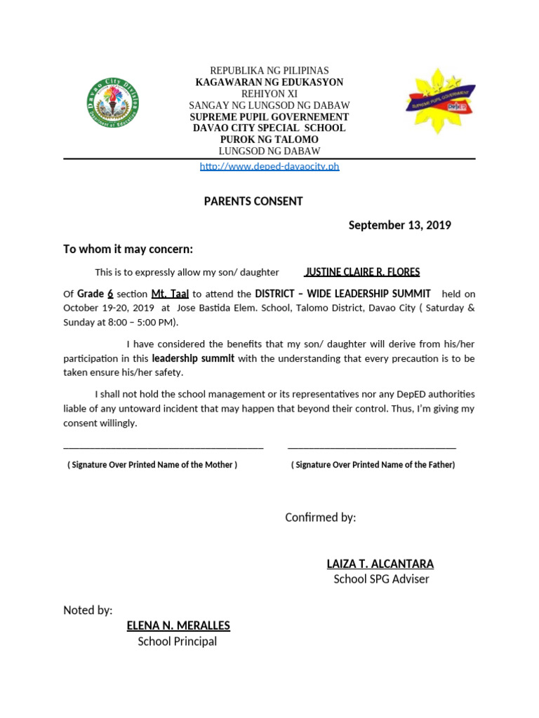 Parent Consent for Leadership Summit | PDF | Social Institutions | Family