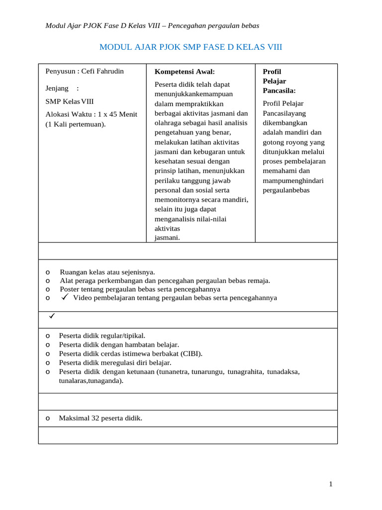 Modul Bahaya Pergaulan Bebas Kelas 8 | PDF