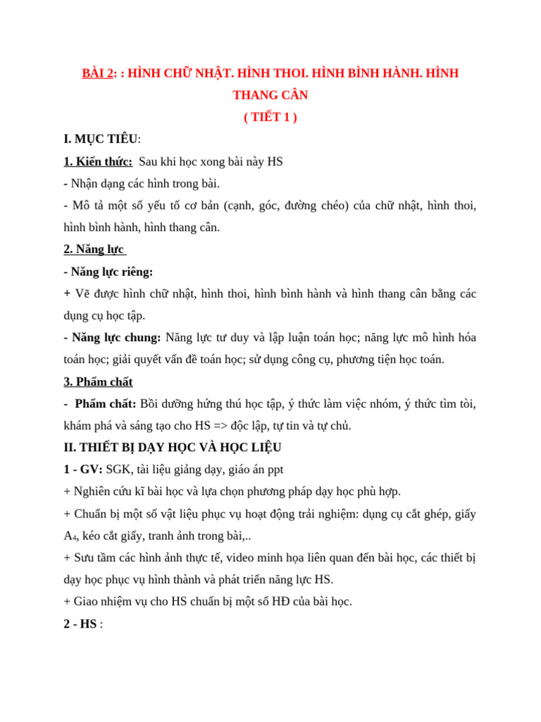 BÀI 2:: HÌNH CHỮ NHẬT. HÌNH THOI. HÌNH BÌNH HÀNH. HÌNH THANG CÂN (TIẾT 1) | PDF