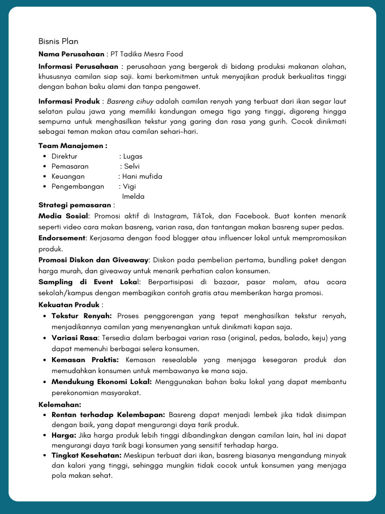 Contoh Bisnis Plan | PDF