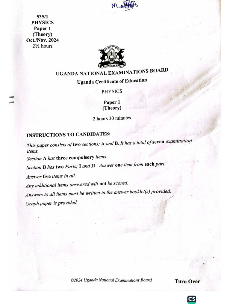 Uce Physics Paper 1 Theory 2024 | PDF