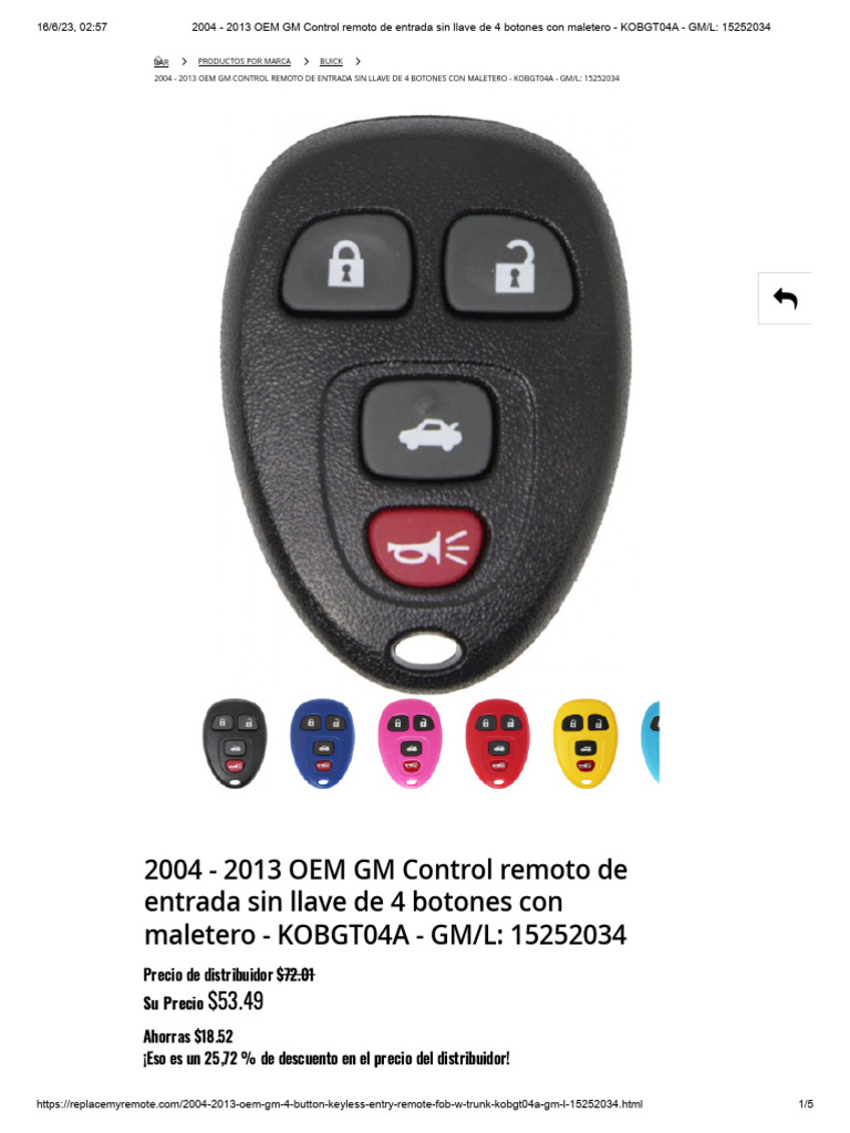 2004 - 2013 OEM GM Control Remoto de Entrada Sin Llave de 4 Botones Con ...