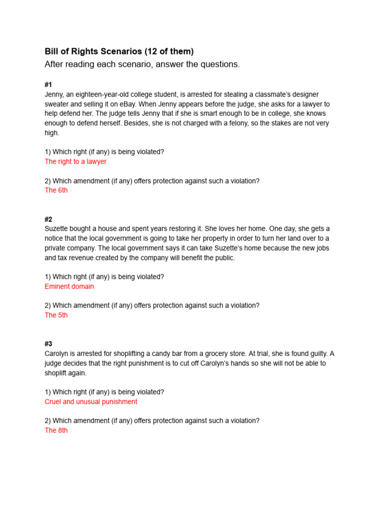 Bill of Rights Scenarios Worksheet | PDF | Search And Seizure | First ...