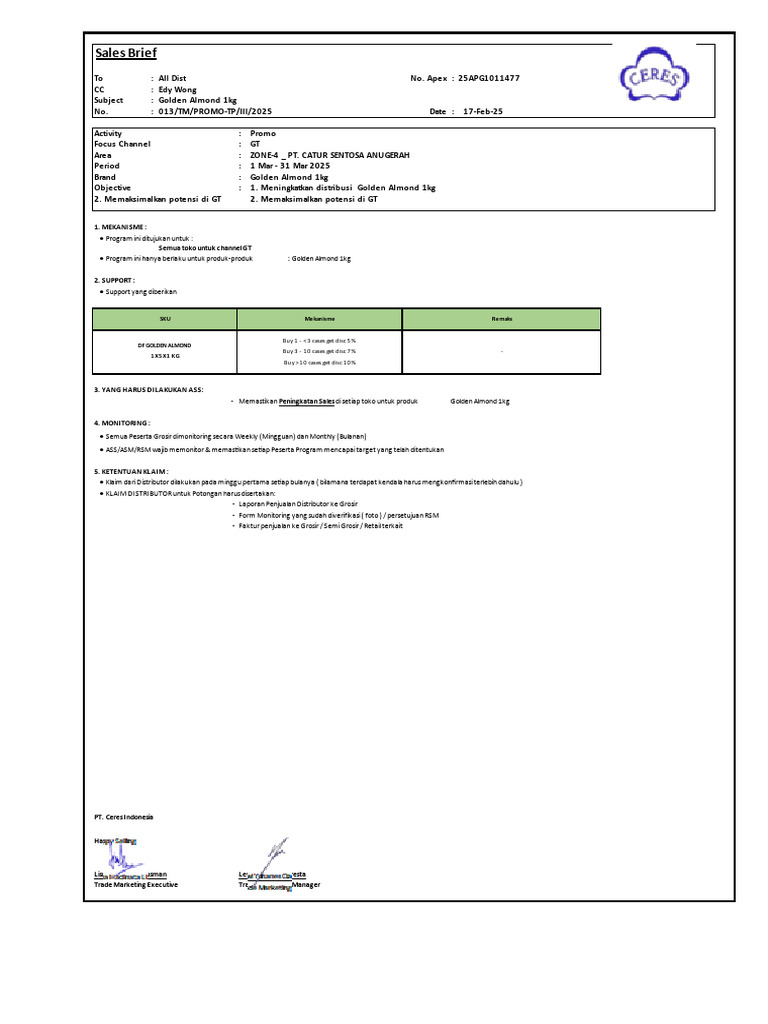 CSA Z4 - Promo Brief Golden Almond 1kg - Mar | PDF