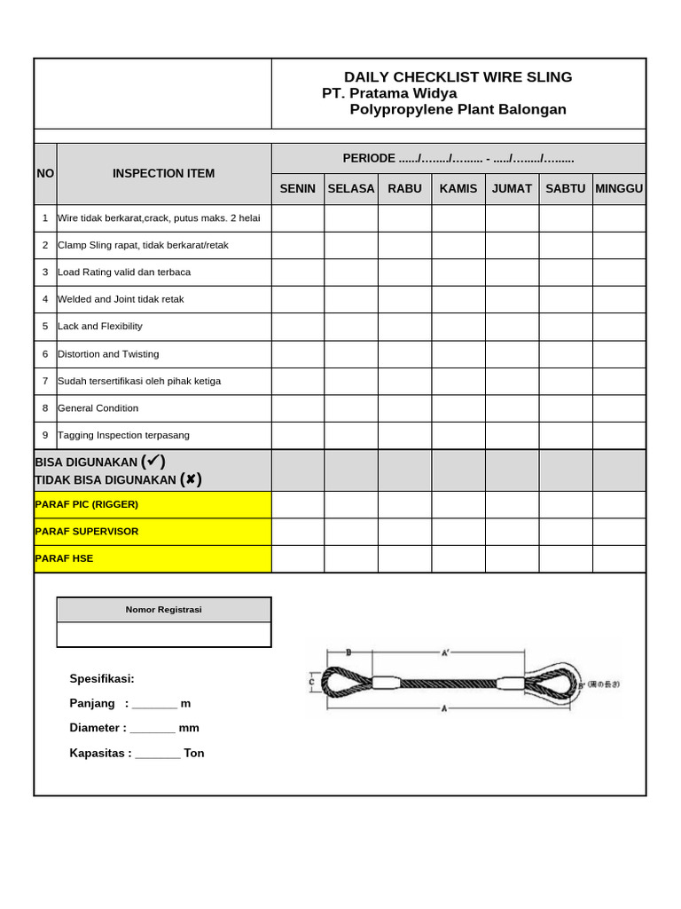 Form P2H Lifting Gear dan Equipment (Weekly) | PDF