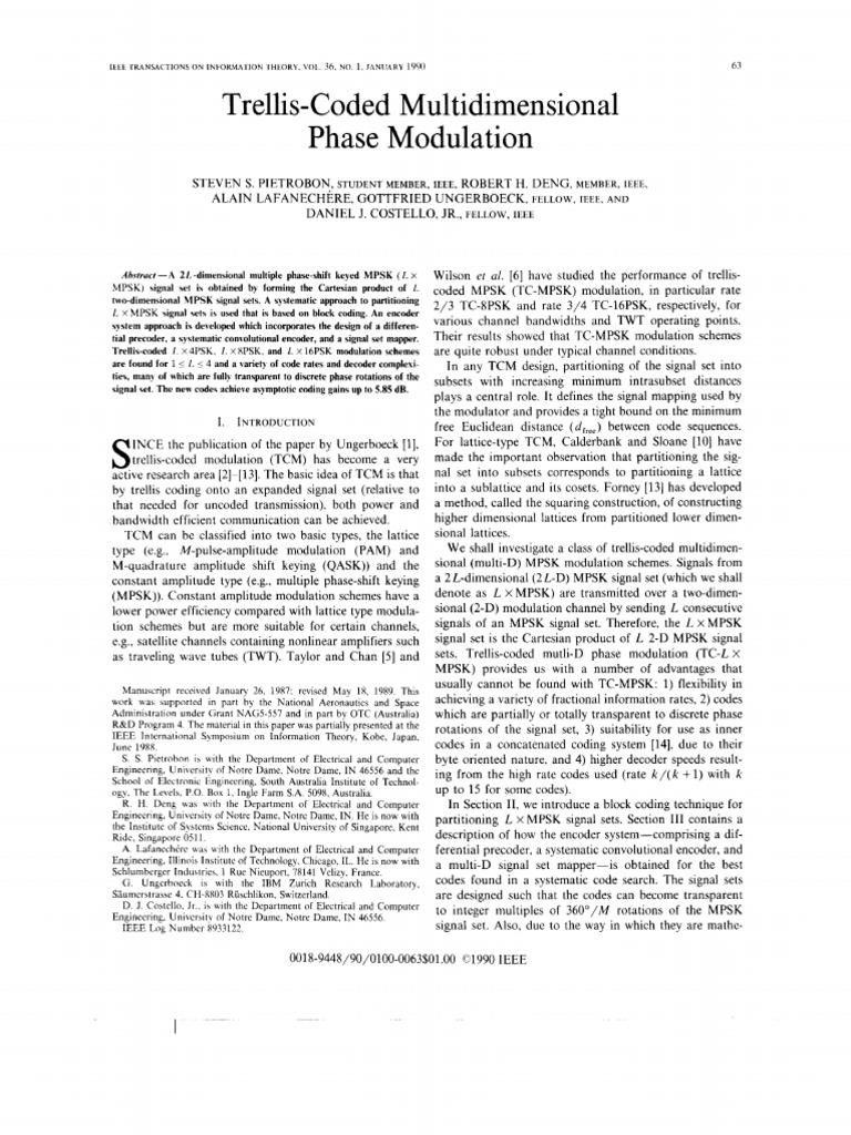 1990trellis-Cod Multidimen Phase Mod | PDF | Modulation | Electronics