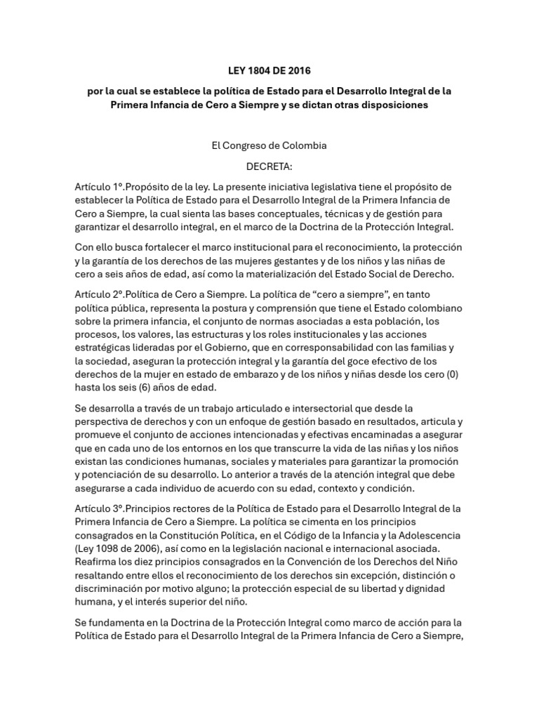 LEY 1804 DE 2016 | PDF | Educación de la primera infancia | Estado (política)