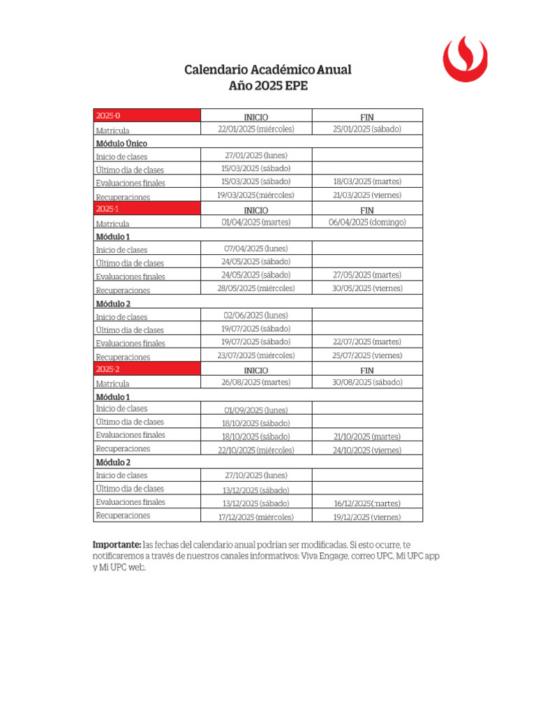 Calendario Academico Anual 2025 EPE | PDF
