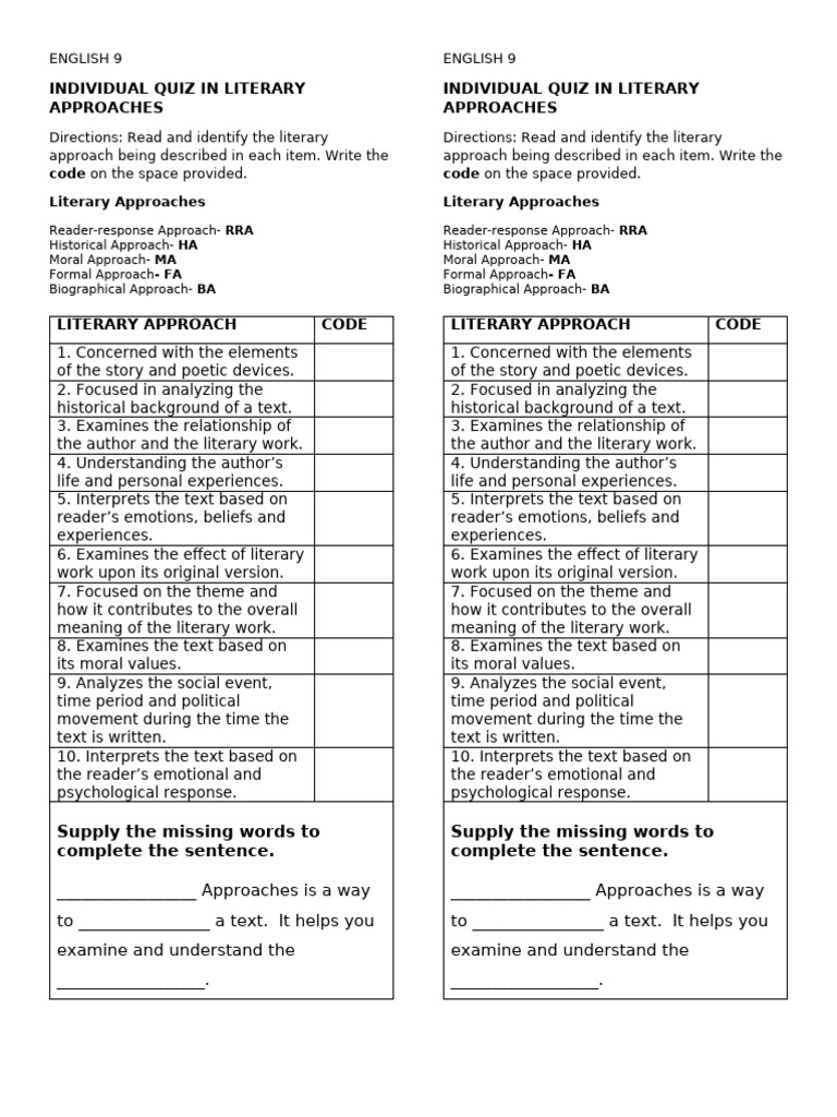 ENGLISH 9 - Final Quiz in Literary Approaches | PDF | Liberal Arts ...