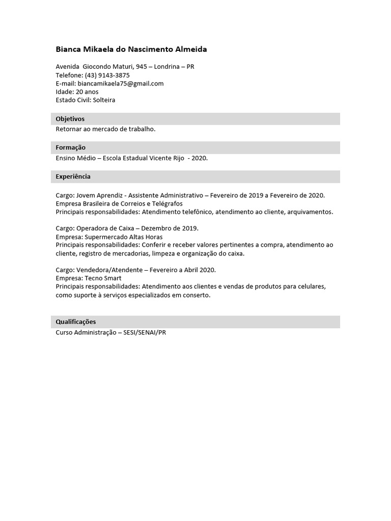 Curriculo Bianca Alterado | PDF