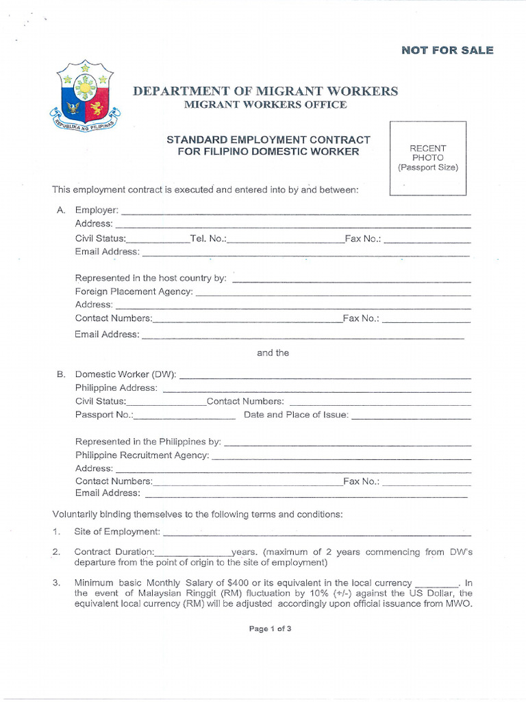 Standard Employment Contract For Filipino Domestic Worker | PDF