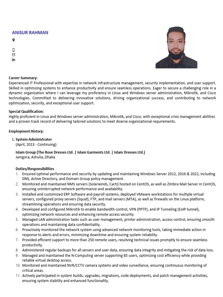 Anisur Rahman_CV | PDF | Computer Network | Proxy Server