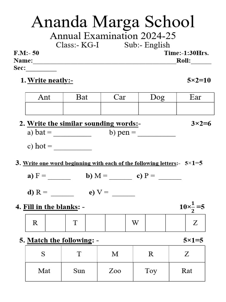 KG-I English Exam Paper 2024-25 | PDF