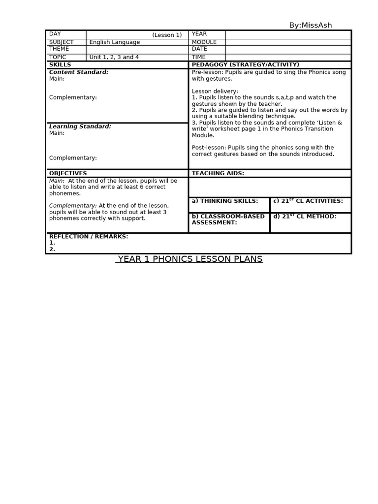 Year 1 English Phonics Lessons | PDF | Phonics | Teachers