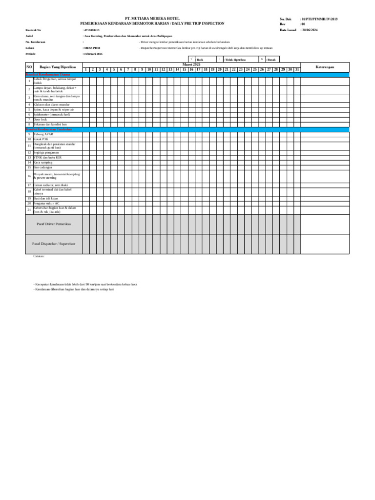 F.01-PTI-PT - MMH-19 Pre Trip Inspection | PDF