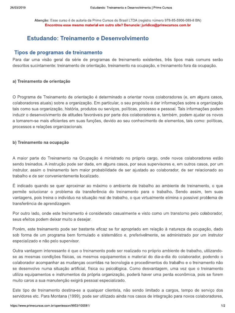 7ª Aula - Tipos de Programas de Treinamento | PDF