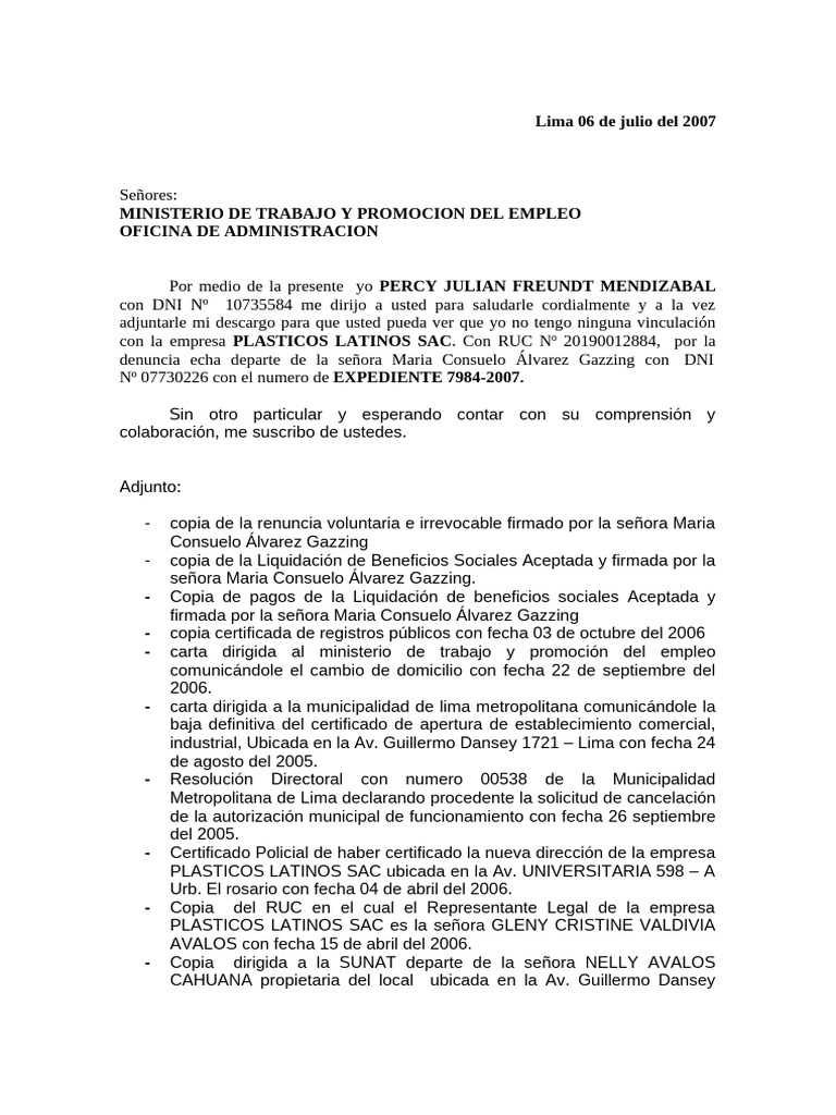 Carta Al Ministerio de Trabajo | PDF