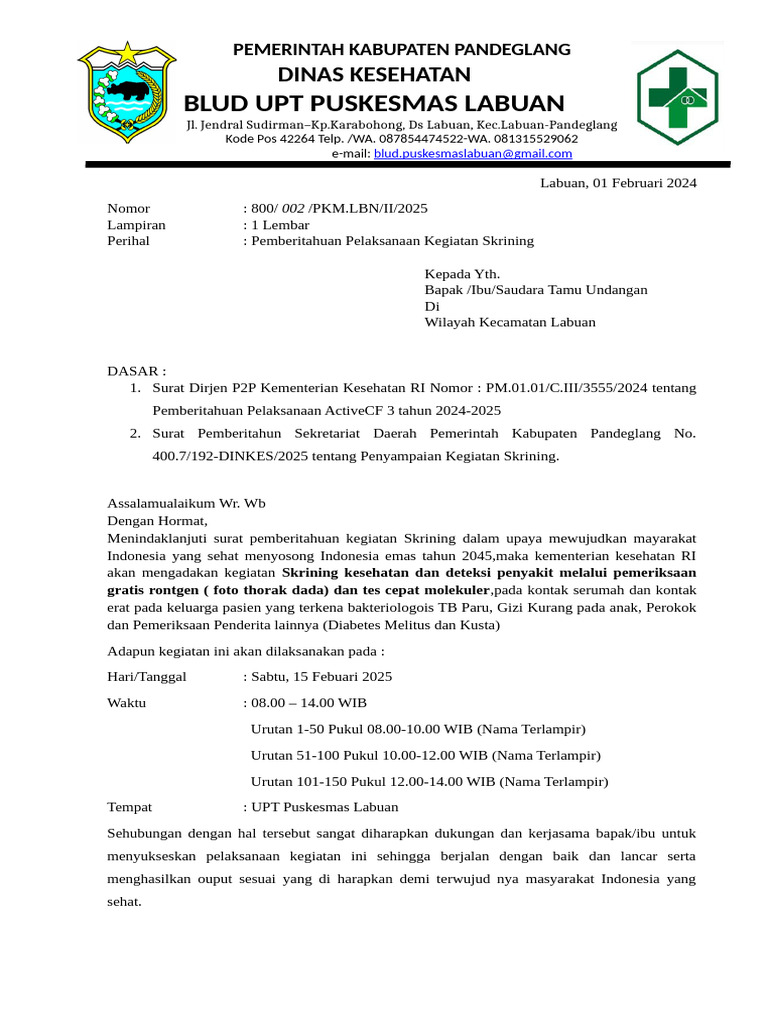 Surat Pemberitahuan SKRINING RONTGEN | PDF