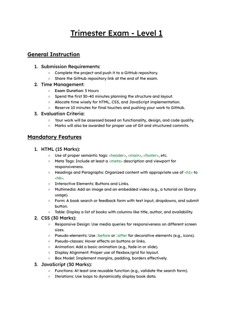 Trimester Exam - Level 1 - School of Technology | PDF | Html Element | Computer Programming