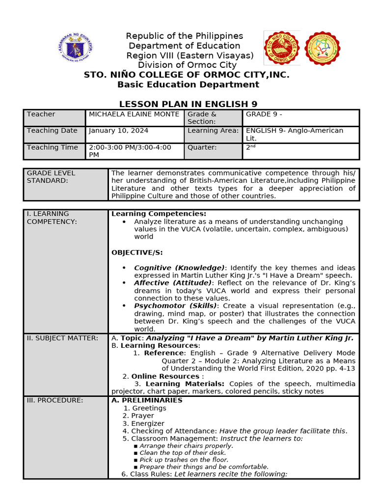 Lesson Plan in English Format | PDF | Learning | Martin Luther King Jr.