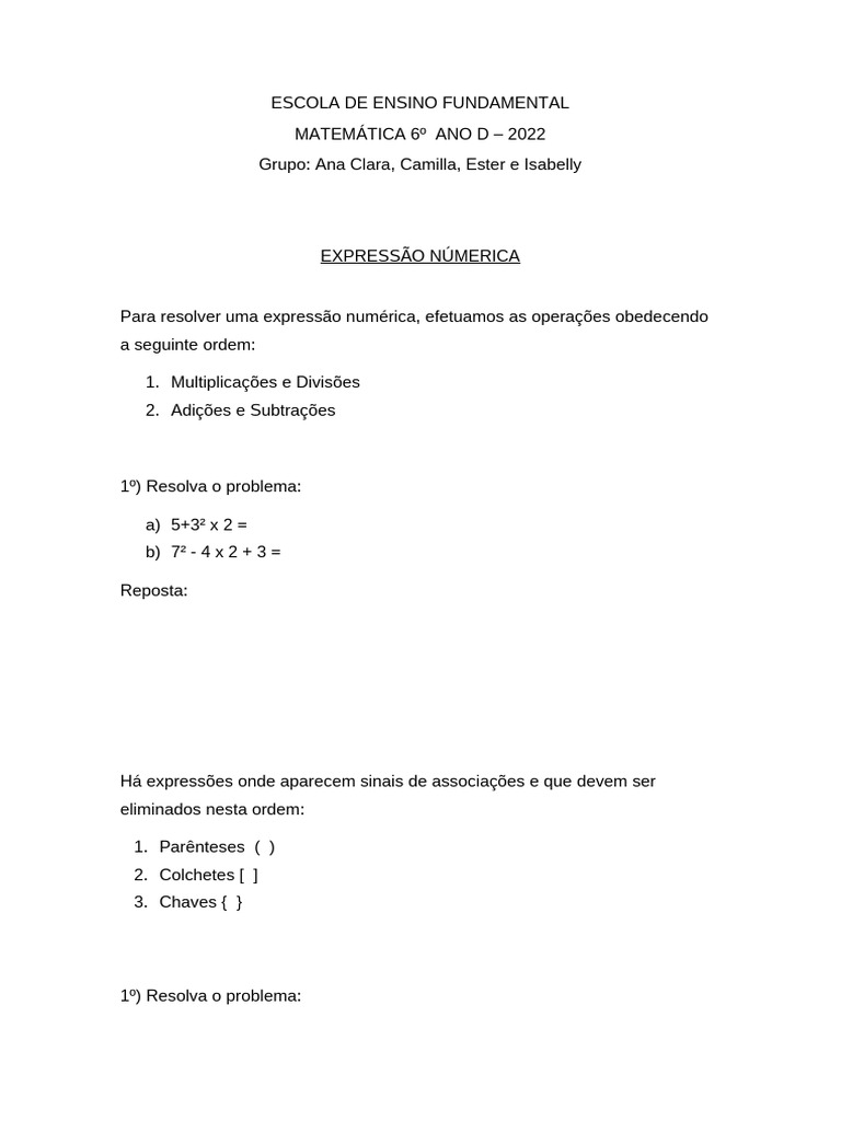 Escola de Ensino Fundamental - Trabalho Matematica | PDF