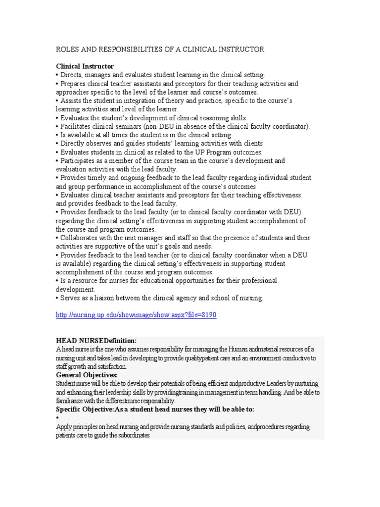 Clinical Instructor Roles and Duties | PDF | Health Care | Nursing