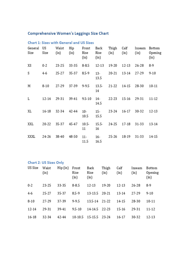 Women's Leggings Size Guide Chart | PDF
