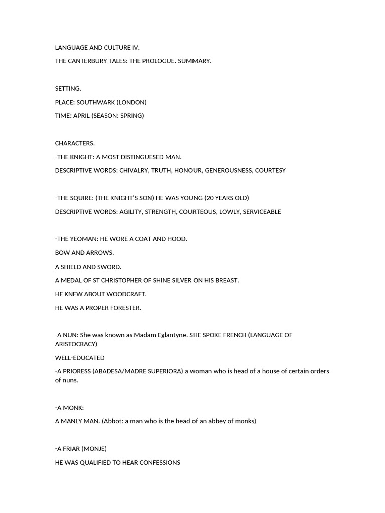 Summary of The Canterbury Tales Prologue | PDF | The Canterbury Tales