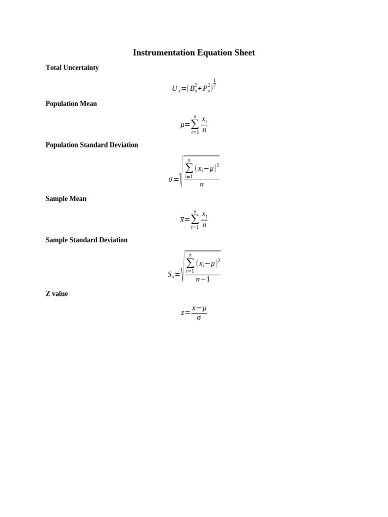 Instrumentation Equation Sheet | PDF | Statistical Theory | Statistical ...