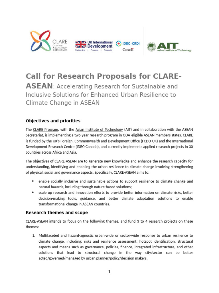 Call For Proposal CLARE ASEAN Feb15 | PDF | Climate Resilience